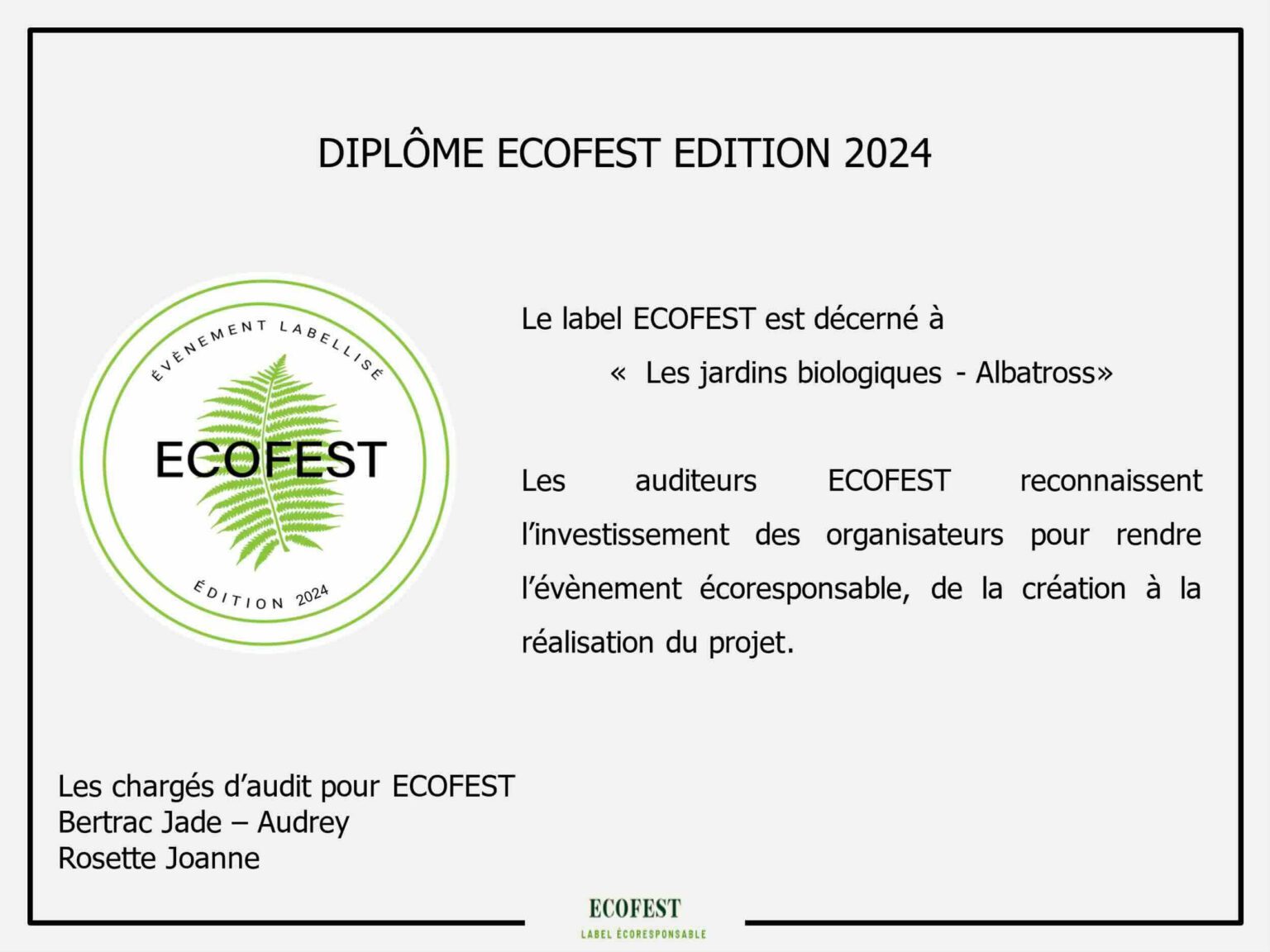 Albatross awarded the Ecofest Eco Responsible Label - Albatross Foundation